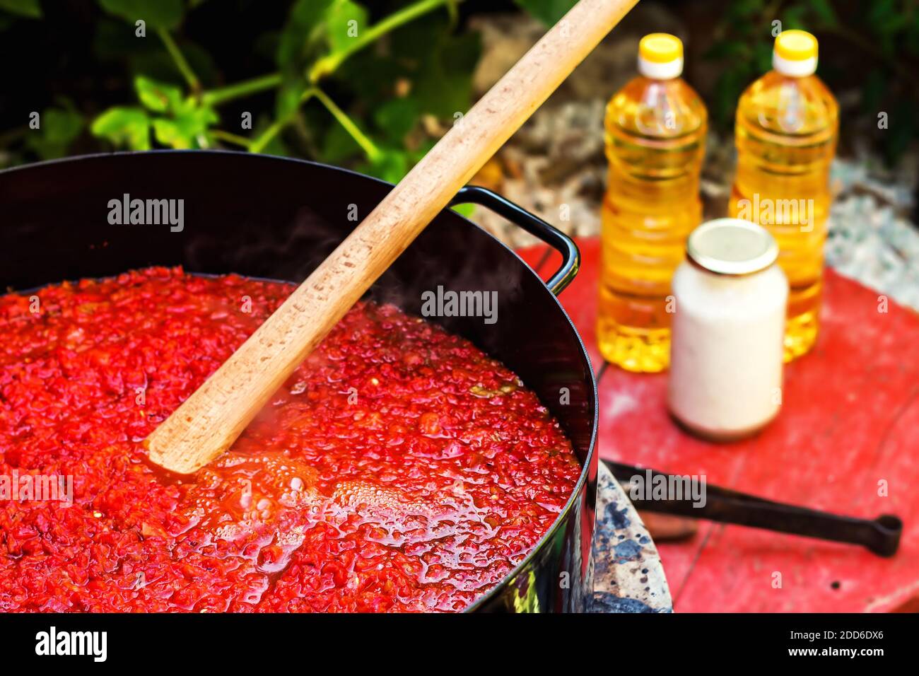 Production of traditional Balkan pepper spread - ajvar (selective focus ...