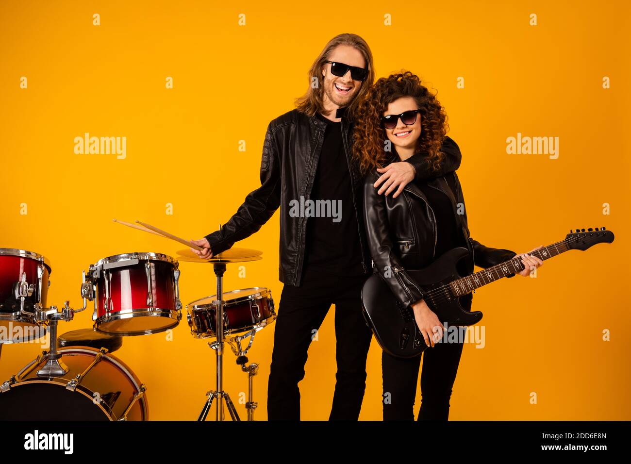 Positive two people famous punk singers enjoy festival music tour night ...