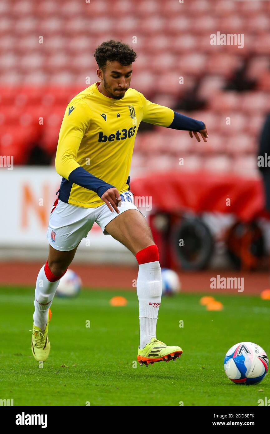 Stoke City's Jacob Brown during the pre-match warm up prior to the ...