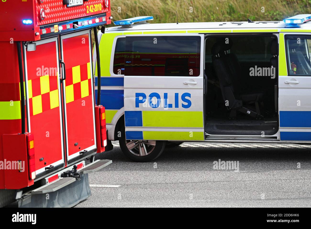 LINKÖPING, SWEDEN- 18 SEPTEMBER 2020: Fire trucks and police cars at an ...