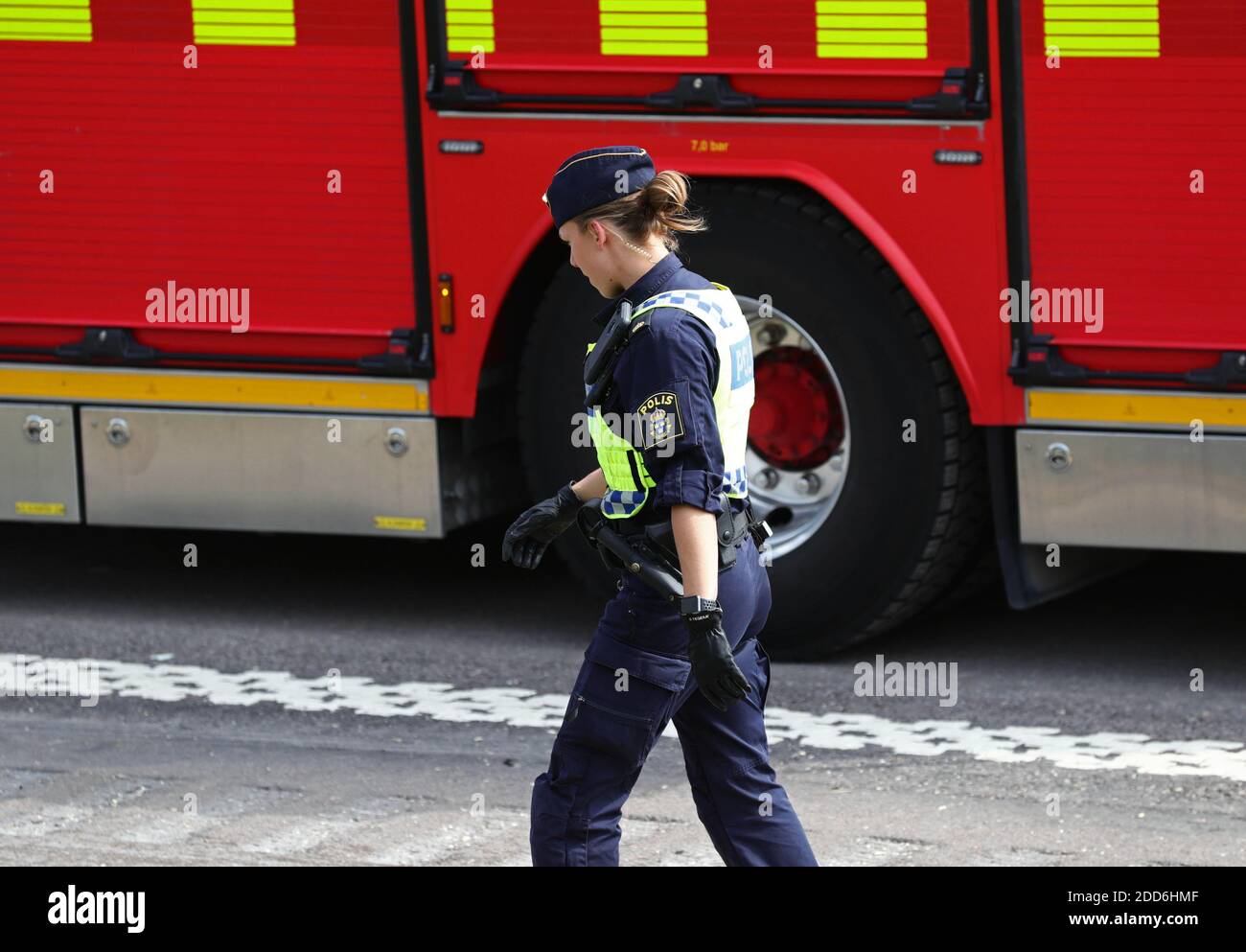 LINKÖPING, SWEDEN- 18 SEPTEMBER 2020: A female police officer at an ...