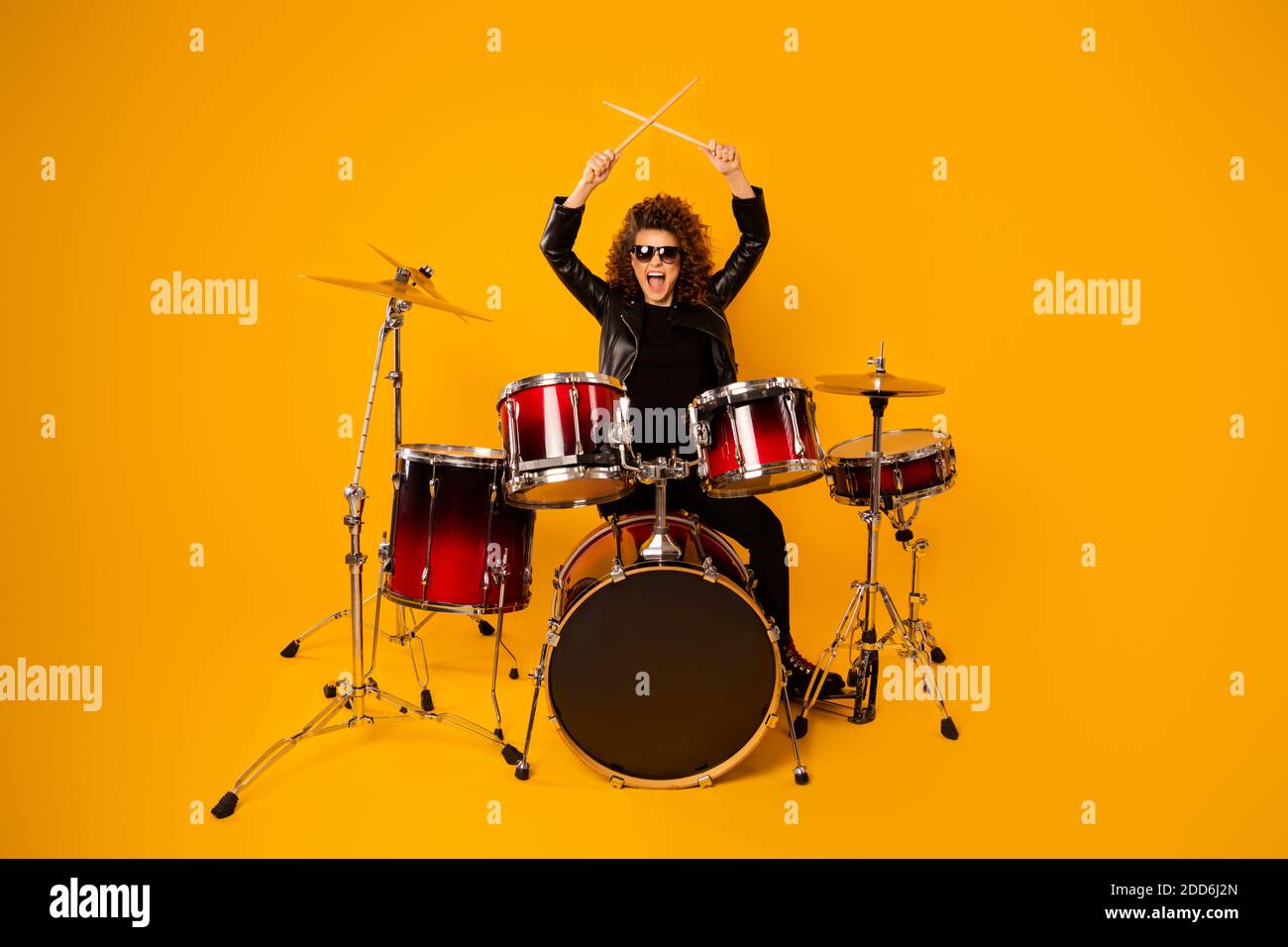 Full body photo of popular rocker redhair lady plays instruments beat ...