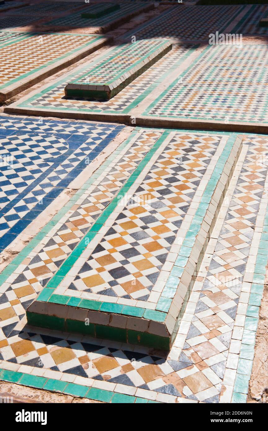 Details of the mosaic tiled graves at the Saadien Tombs, Marrakech ...