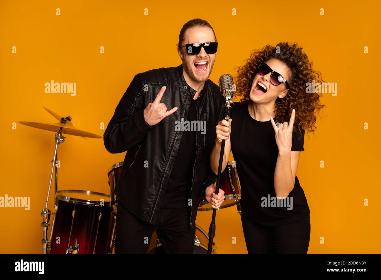 Photo of two people cool handsome guy attractive lady girl sing retro ...