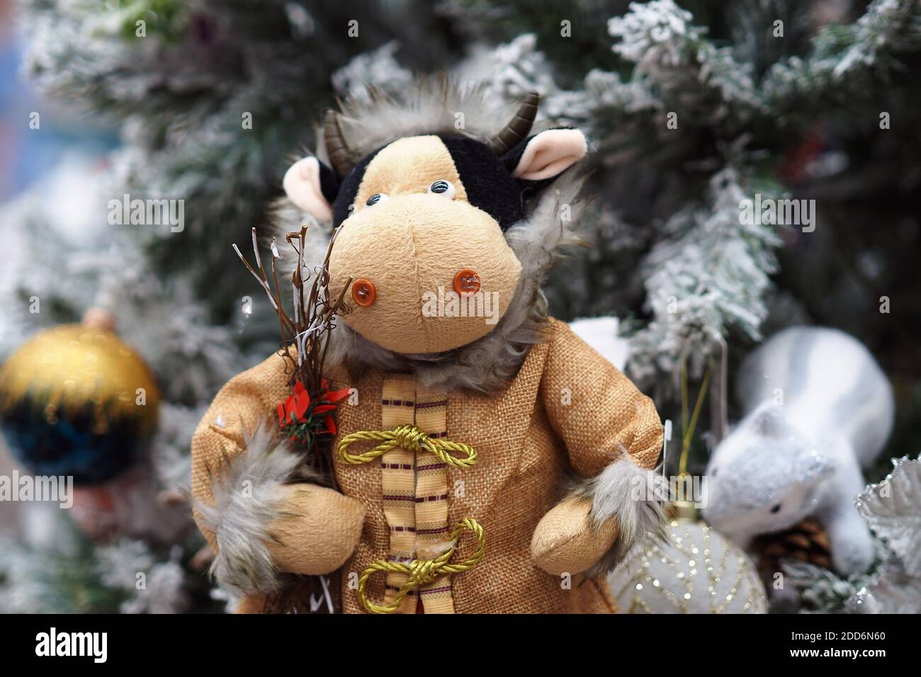 The symbol of 2021 is a toy bull with a Christmas decor on the ...