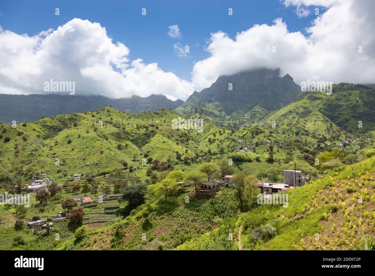 Mountainous green Santiago Island landscape in rain season - Cape Verde ...