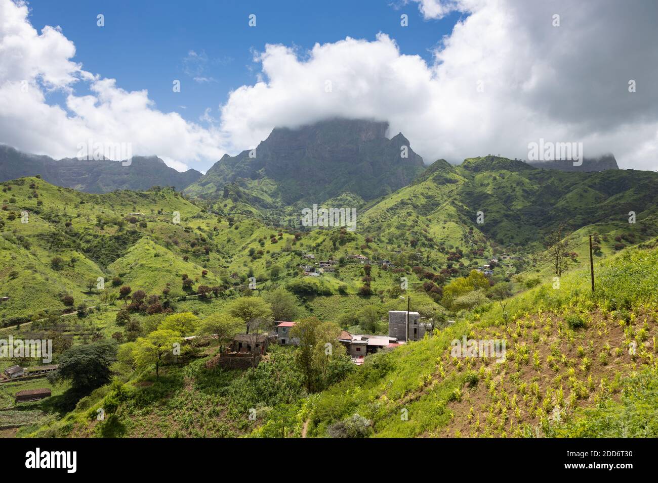 Mountainous green Santiago Island landscape in rain season - Cape Verde ...