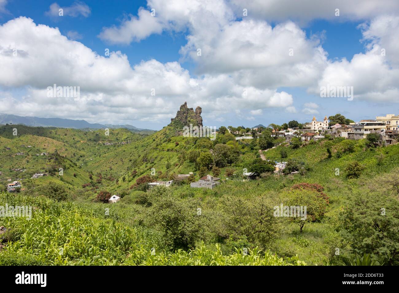 Mountainous green Santiago Island landscape in rain season - Cape Verde ...