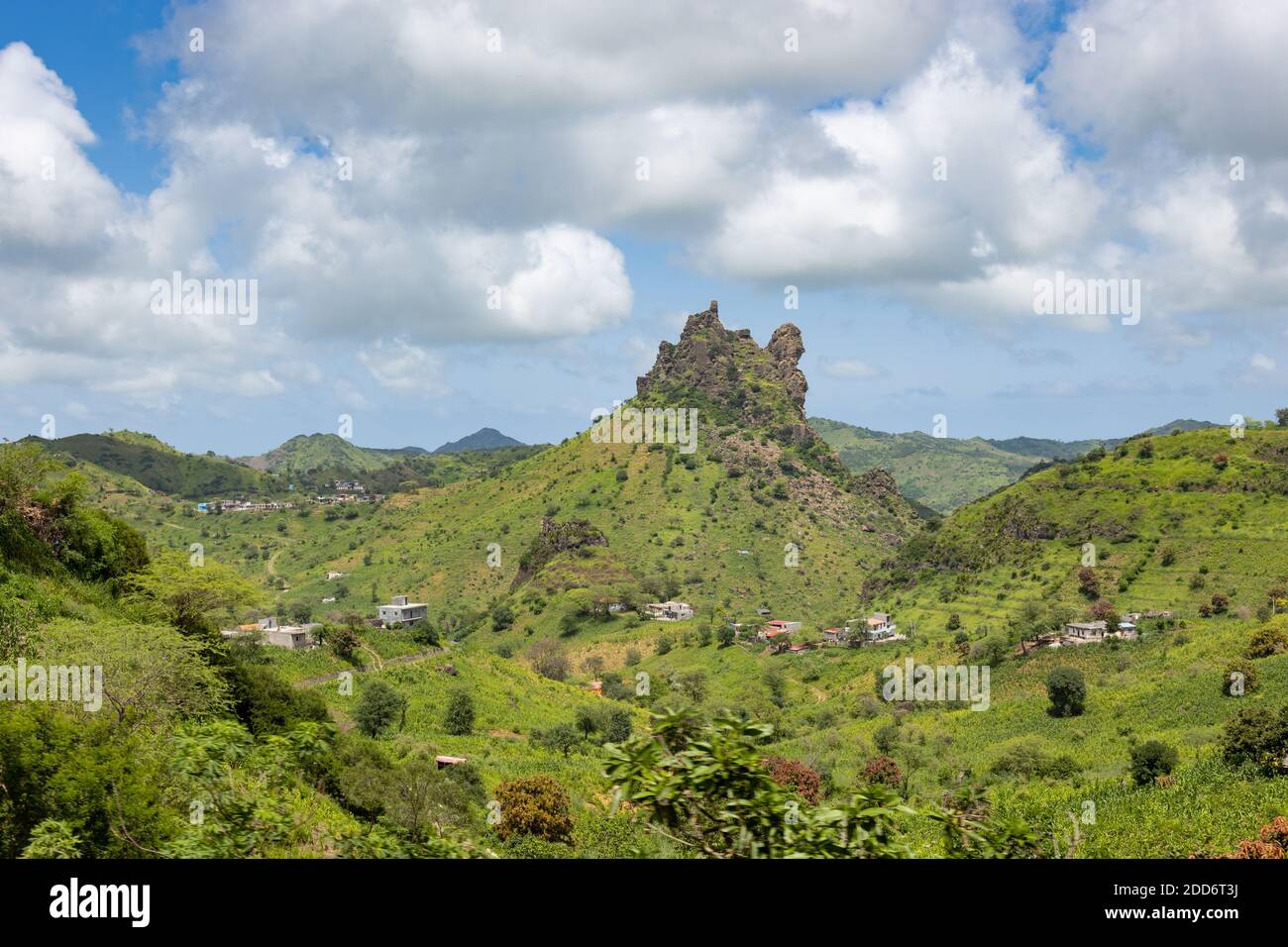 Mountainous green Santiago Island landscape in rain season - Cape Verde ...