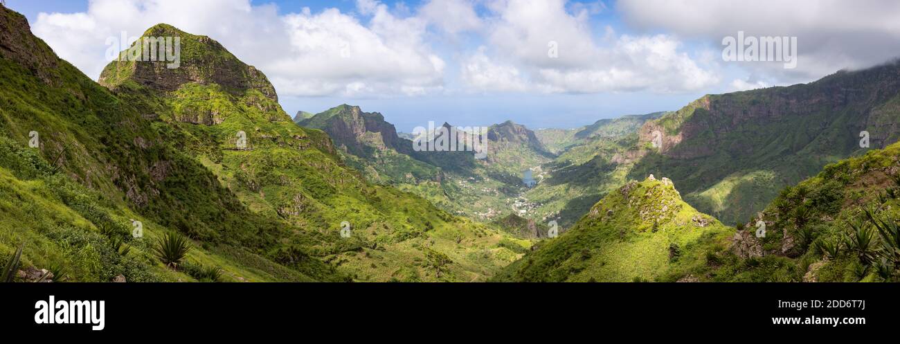 Mountainous green Santiago Island landscape in rain season - Cape Verde ...