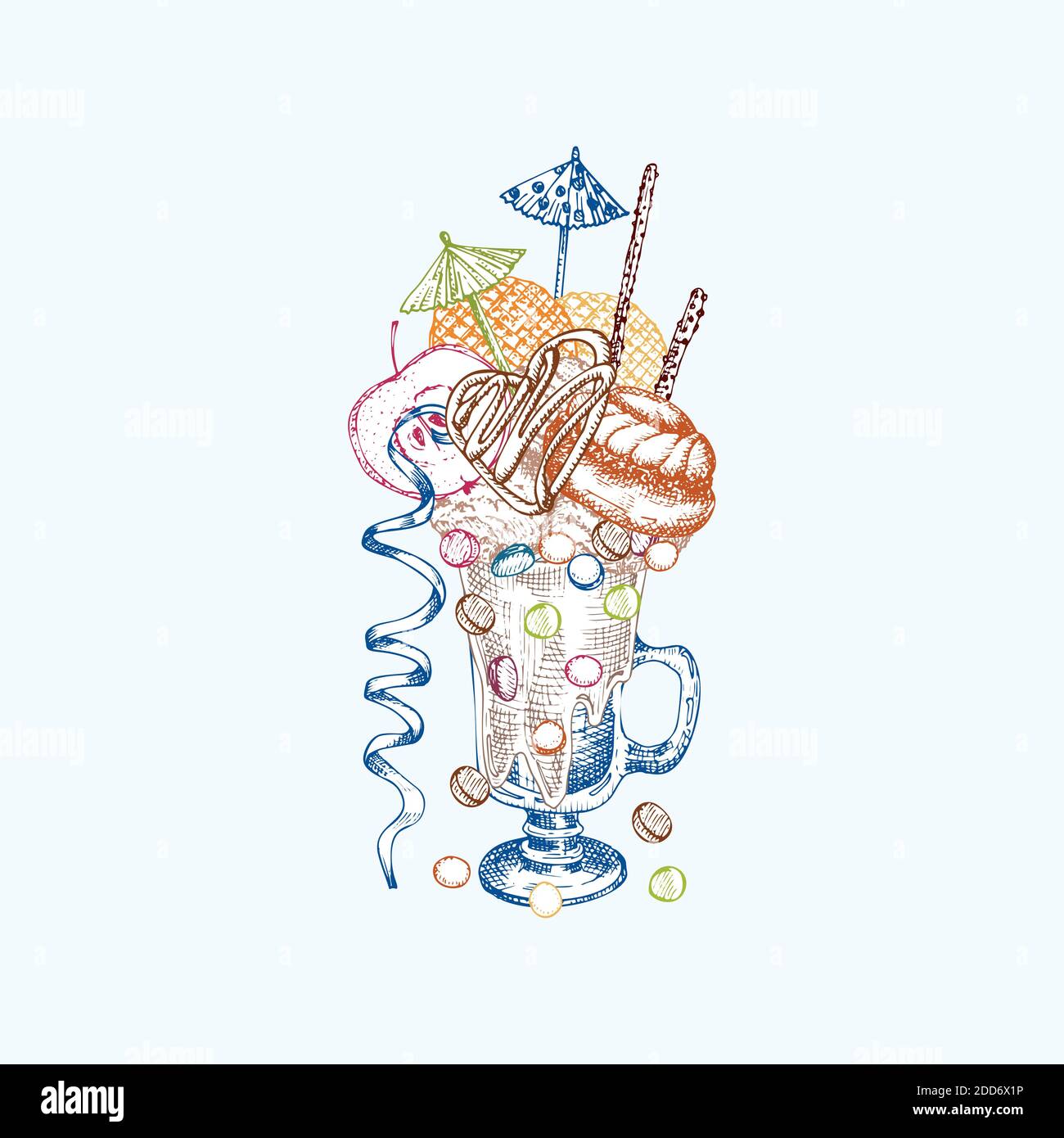 Monster shake dessert, isolated background. Hand drawn color line art ...