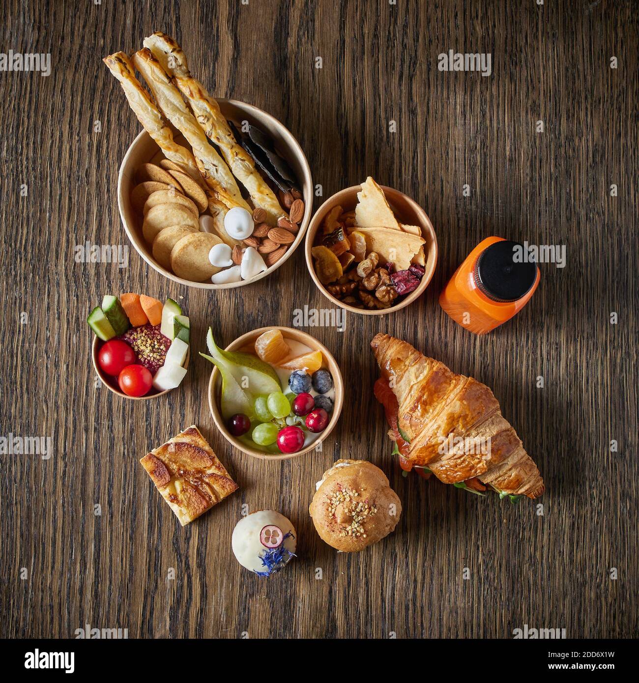 various restaurant take away food on wooden table, top view Stock Photo ...
