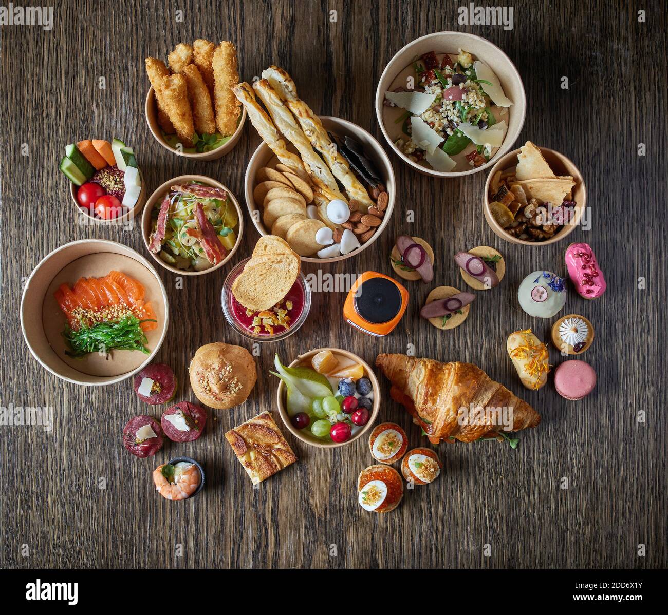 various restaurant take away food on wooden table, top view Stock Photo ...
