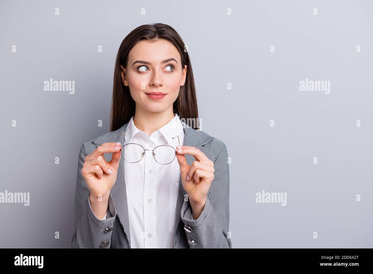 Photo of attractive business lady taking off specs good eyesight after ...