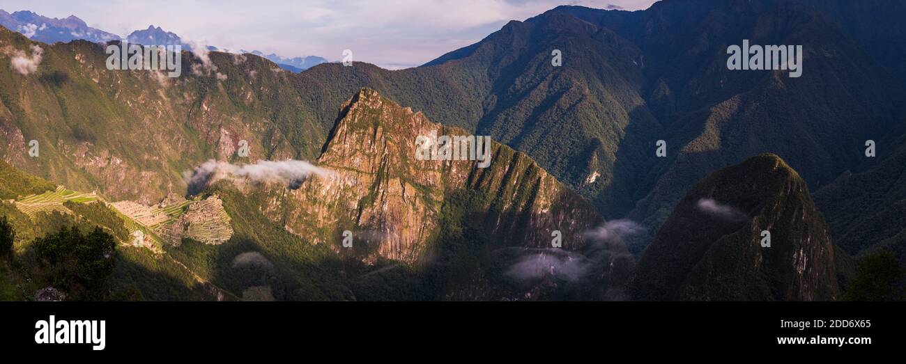 Machu Picchu Inca ruins at sunrise seen from Sun Gate (Inti Punku or ...