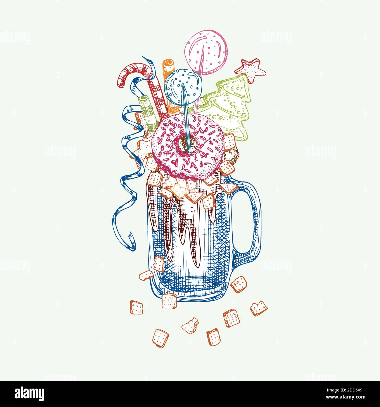 Monster shake dessert, isolated background. Hand drawn color line art ...