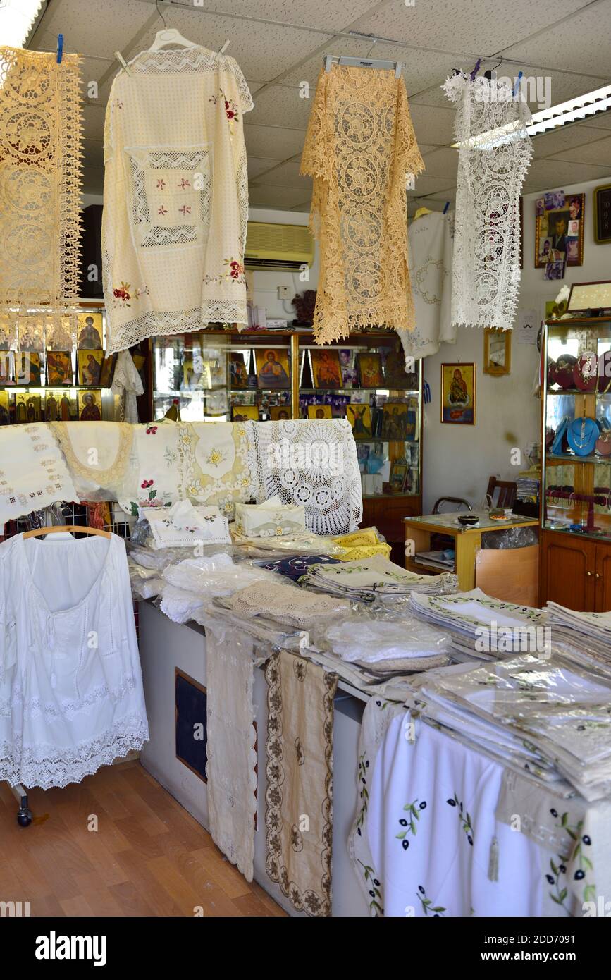 Interior of shop selling Cyprus made lace, old town South Nicosia Stock ...
