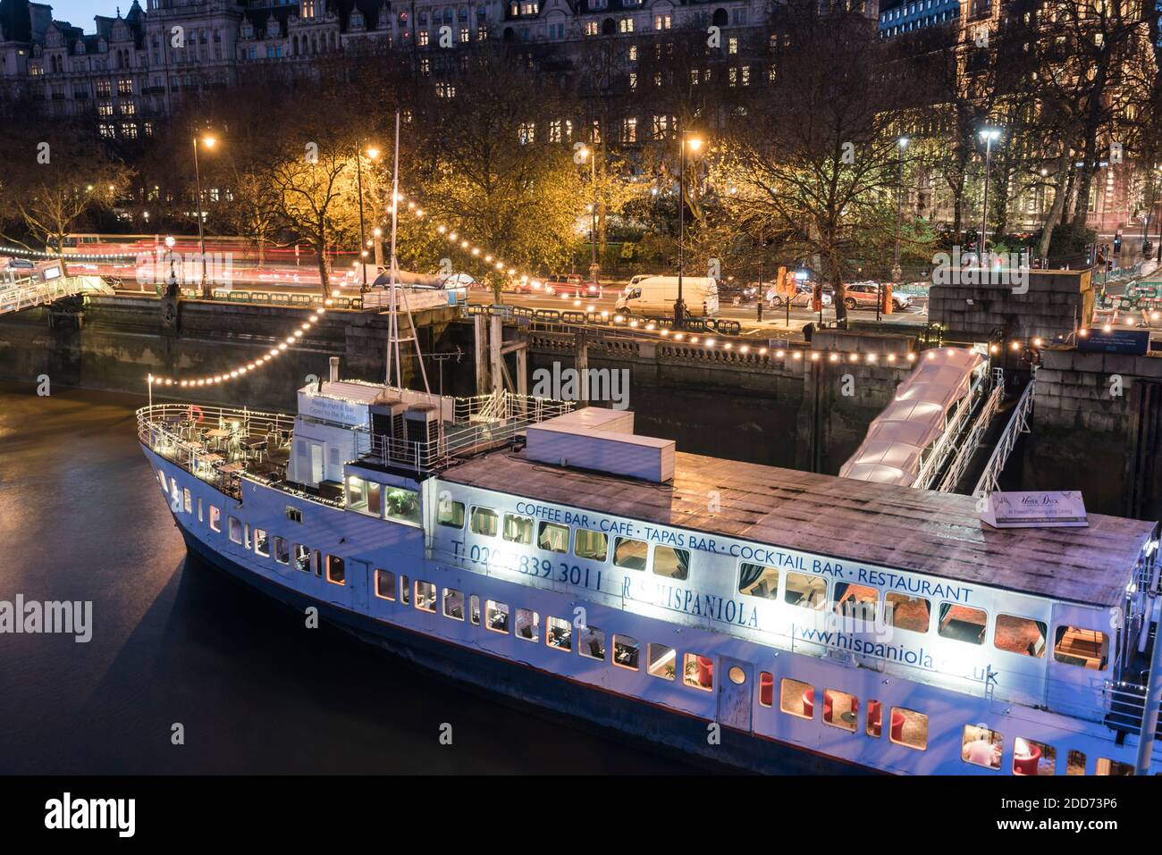 R S Hispaniola, a boat restaurant on the River Thames, Embankment ...