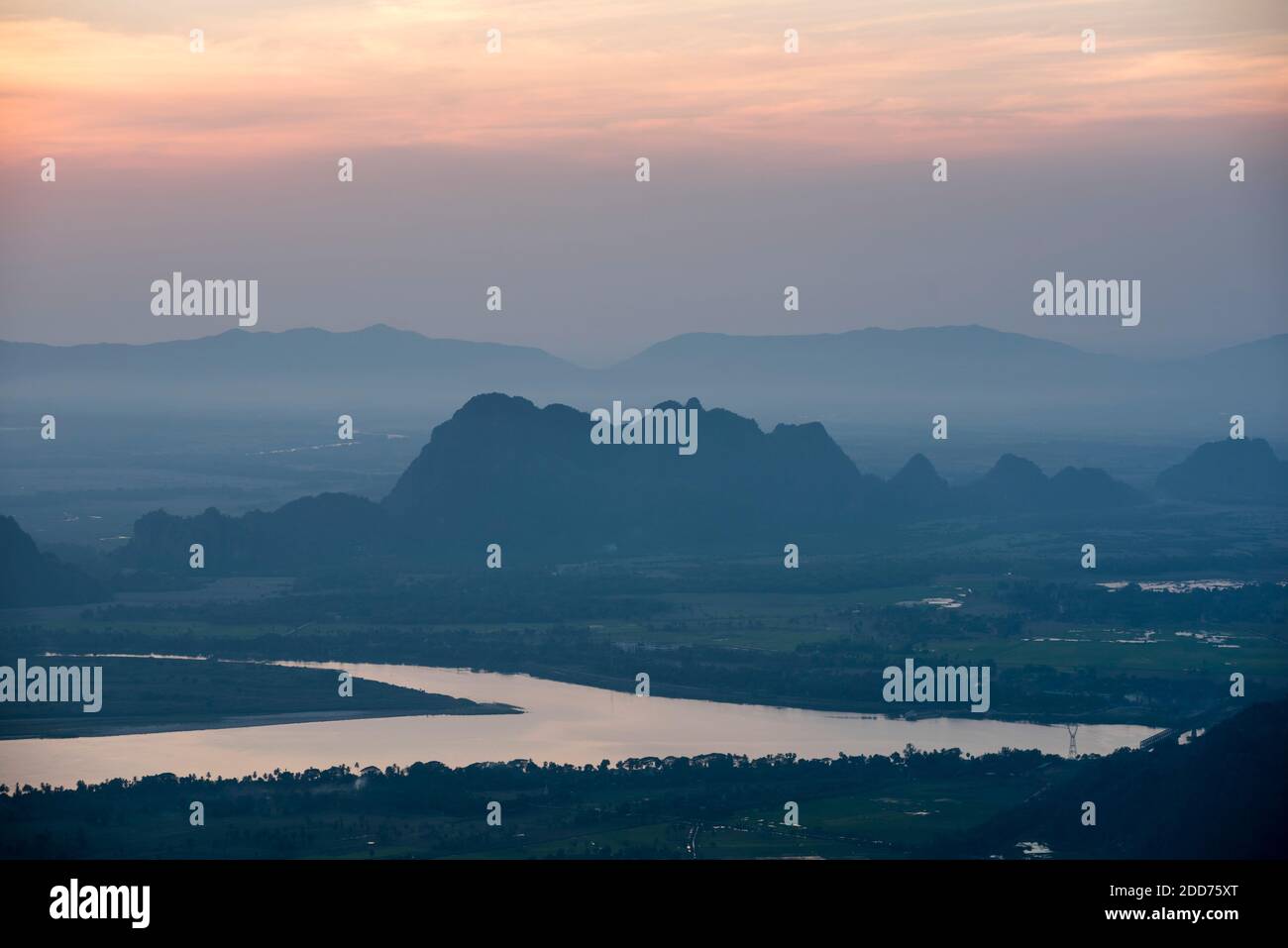 Limestone karst mountains and Thanlwin River, seen from Mount Zwegabin ...