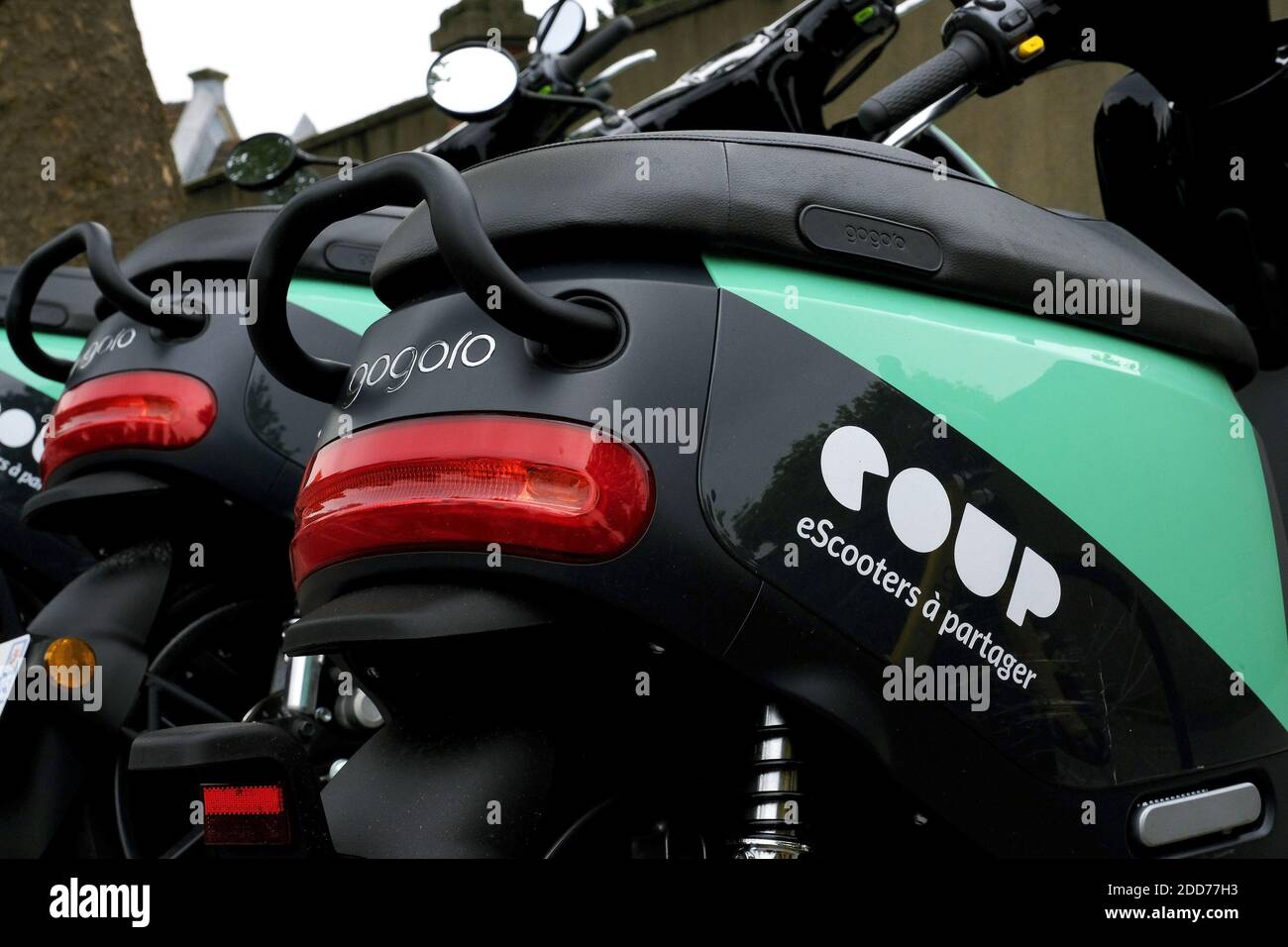 The "Coup" Electric scooters-sharing service, Gogoro, are seen lined up ...