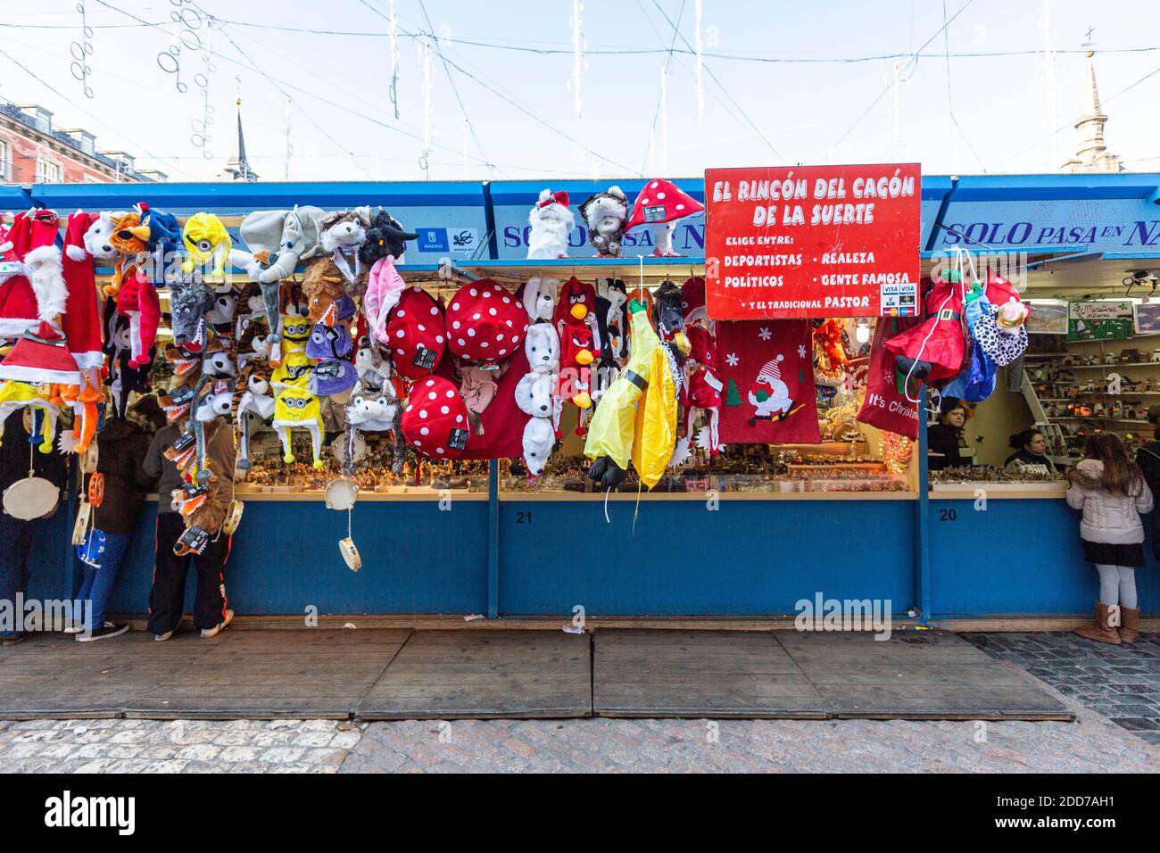 Funny customs stands in Plaza Mayor, Christmas market, Madrid, Spain ...