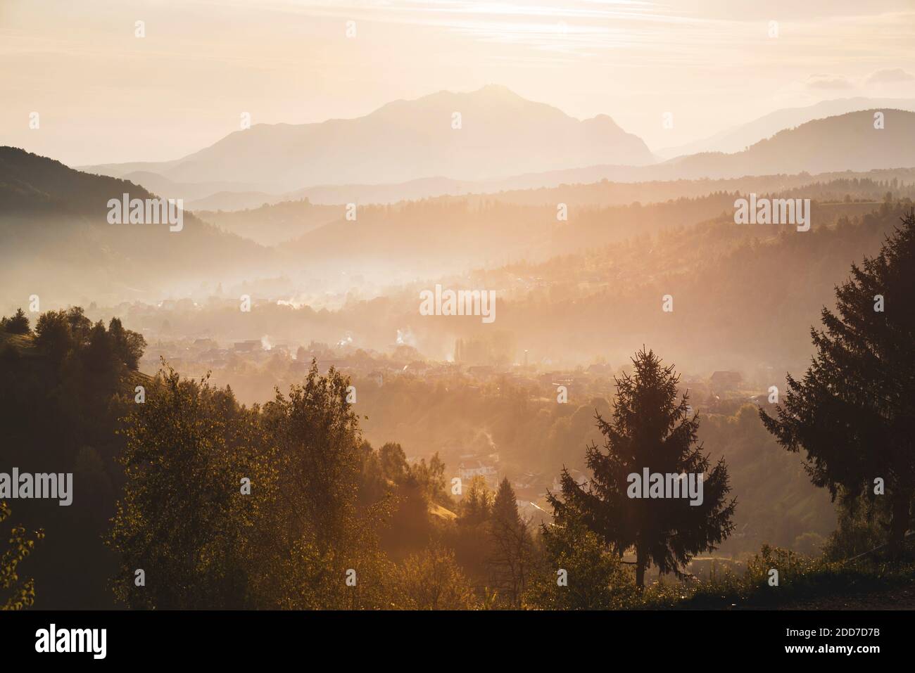 Sunrise in the Carpathian Mountains near Bran Castle at Pestera ...