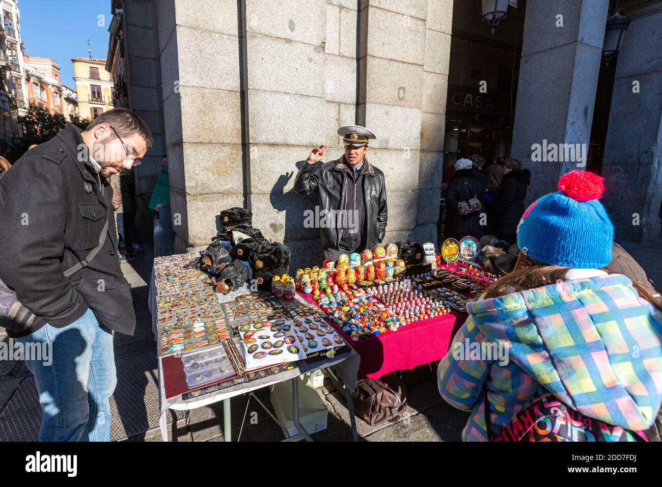 Selling Soviet Union memorabilia in a stand in Plaza Mayor, Christmas market, Madrid, Spain ...