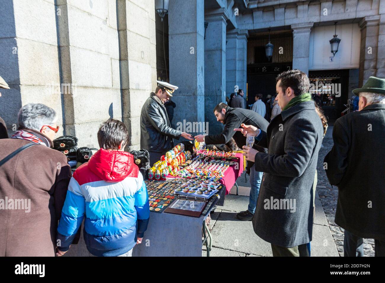 Selling Soviet Union memorabilia in a stand in Plaza Mayor, Christmas market, Madrid, Spain ...