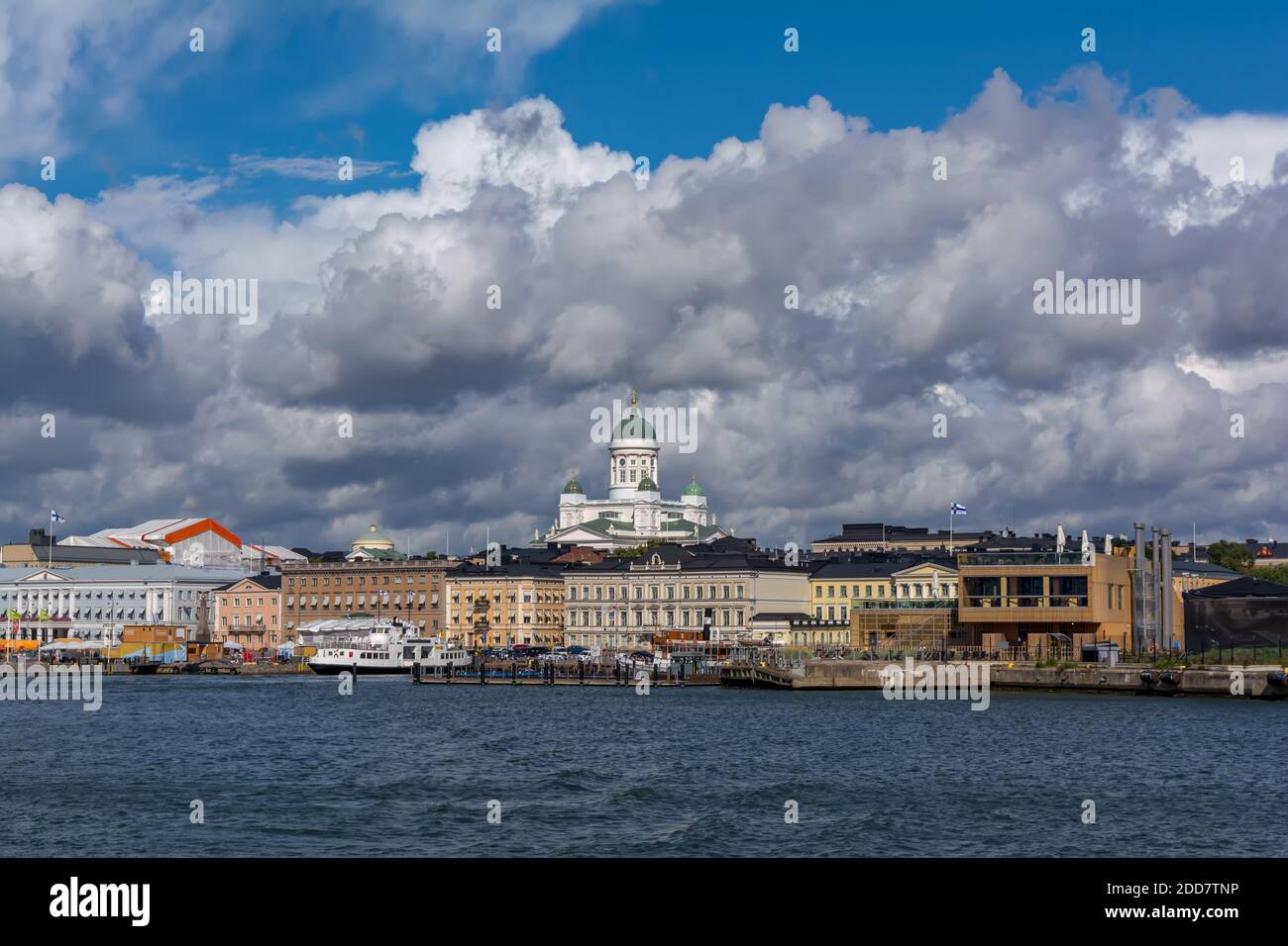 Helsinki cityscape shot from water with white Helsinki Cathedral and ...
