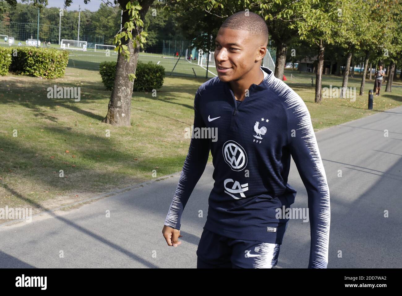 Kylian Mbappe arriving for a training session in the Centre d ...