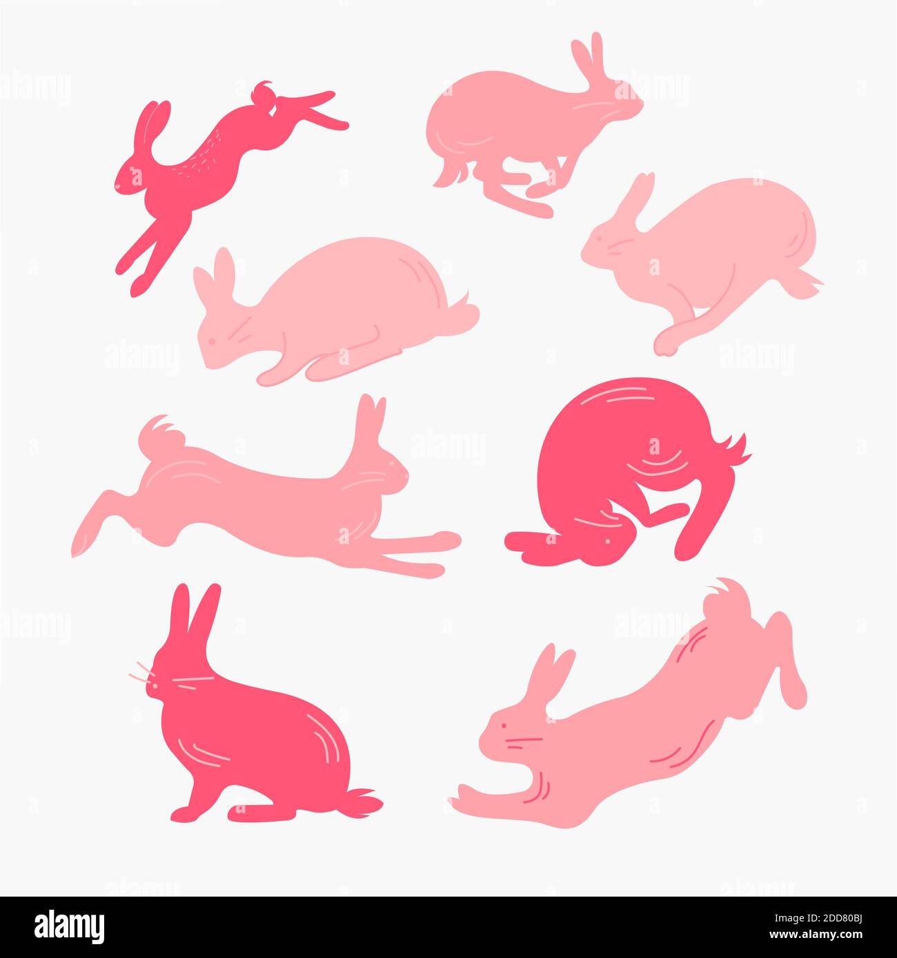 Cute pink rabbit illustration set in flat modern style isolated on ...
