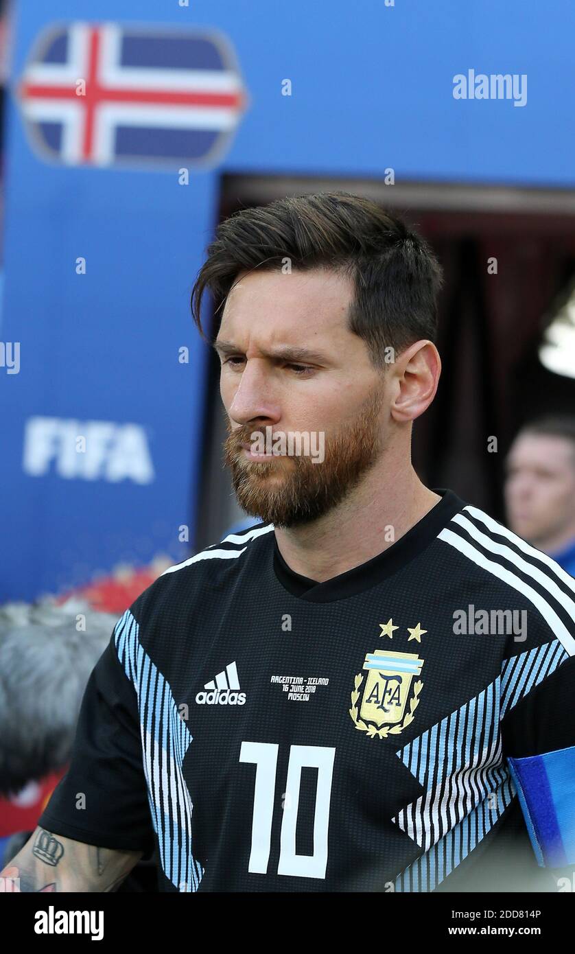 Lionel Messi, the captain of Argentina, coming out to the pitch during ...