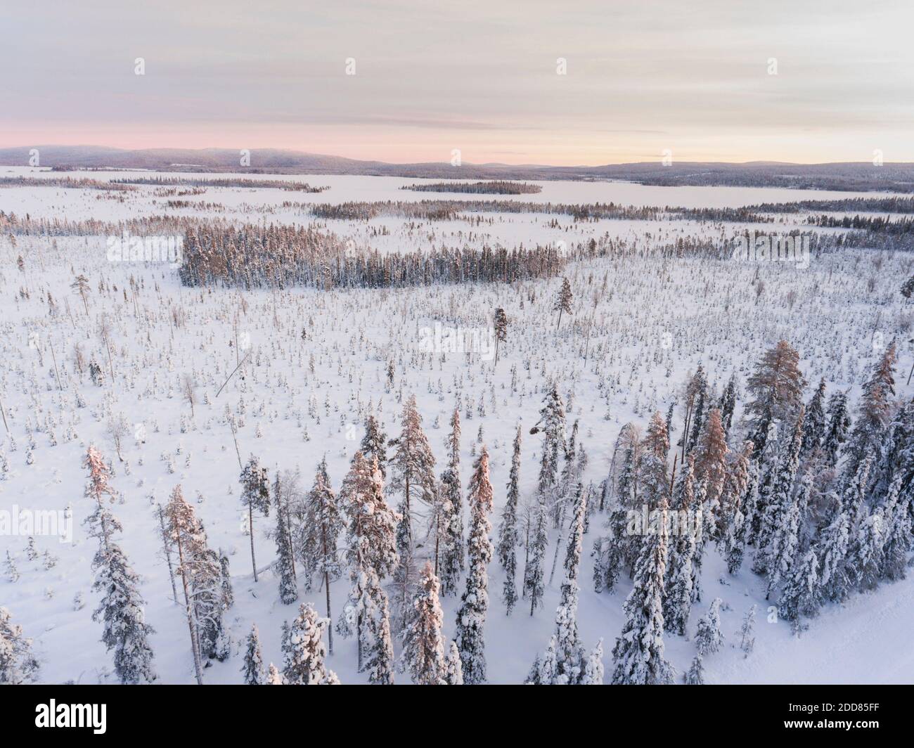 Snow covered lake and forest winter landscape showing amazing Lapland ...