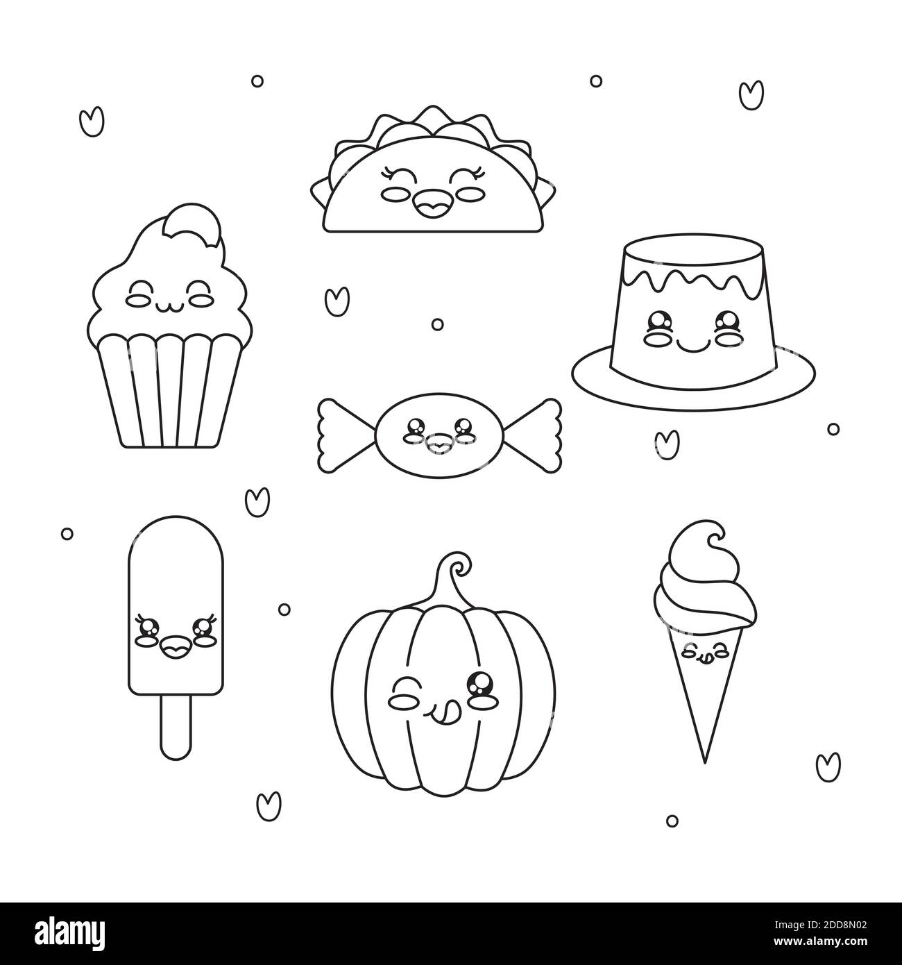 kawaii candy and food icon set over white background, line style ...