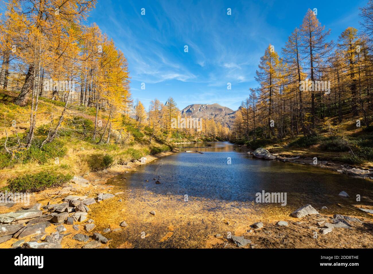 Autumn view of the reflections at Lago delle Streghe. Alpe Veglia, Val ...