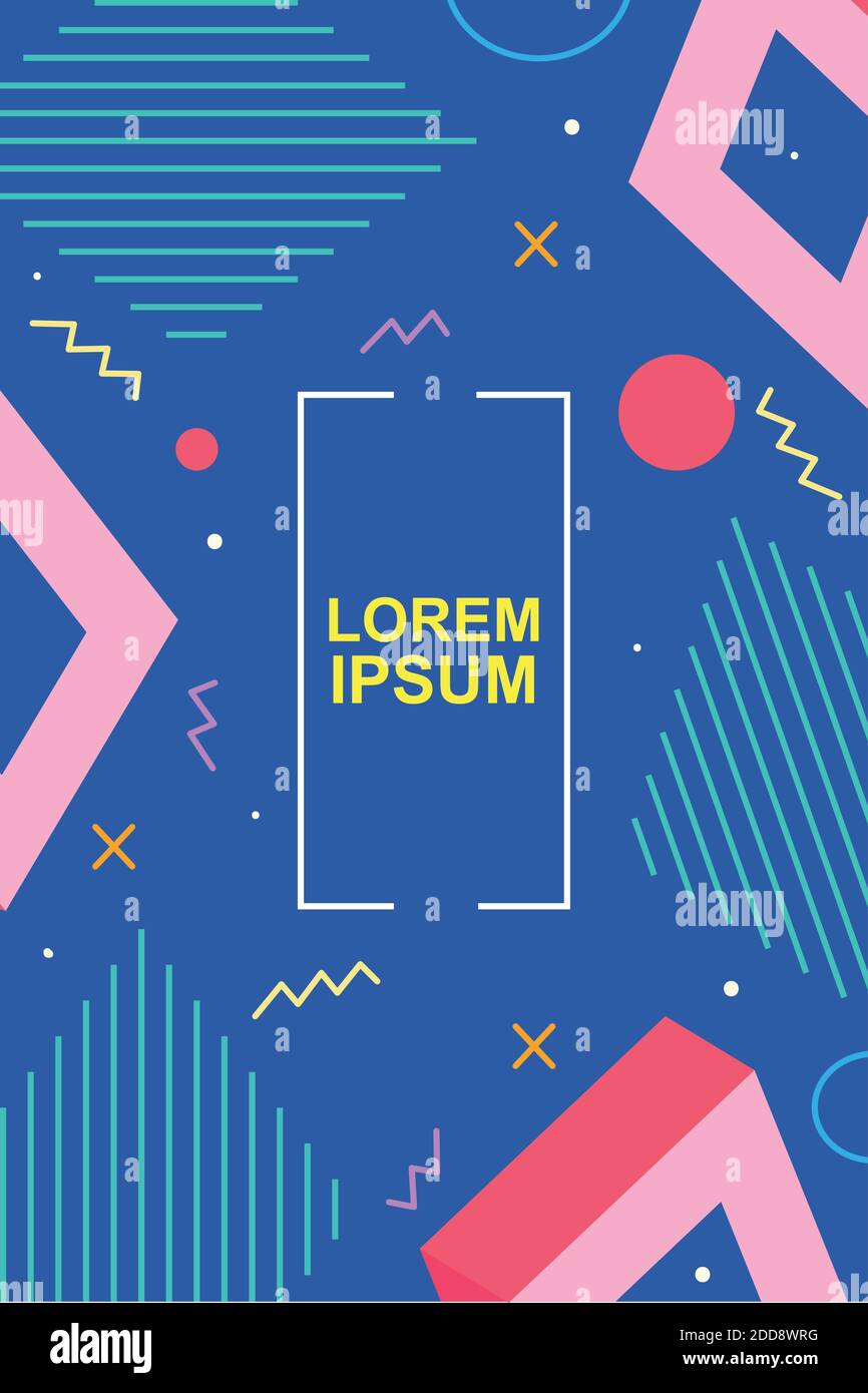 Colorful blue memphis design with lines and geometric shapes, vector ...
