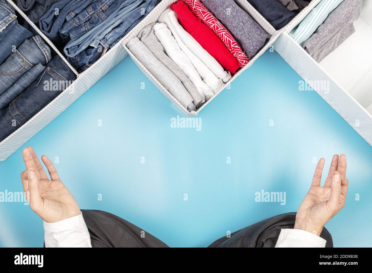 Woman hands sitting in lotus pose, meditating, while cleaning home ...