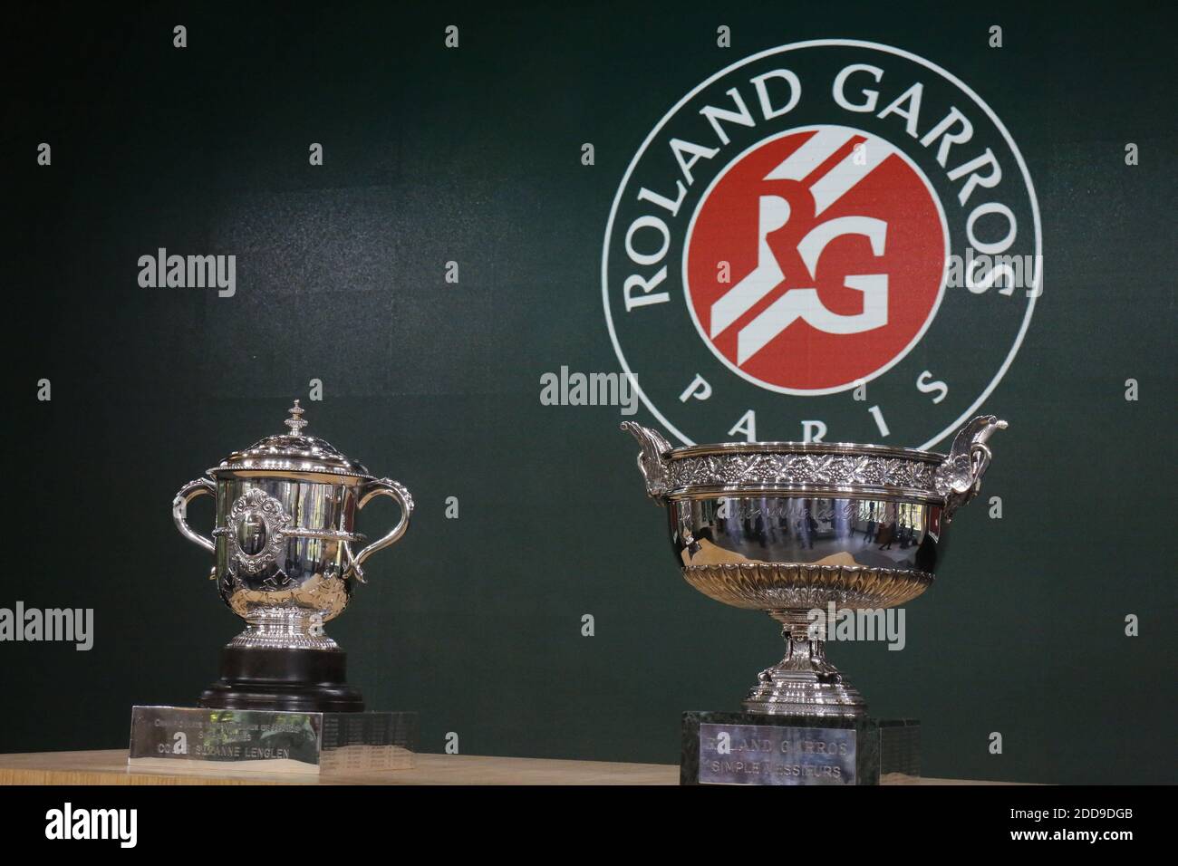 Men and Women Trophy during the draw of the 2018 French Tennis Open in ...