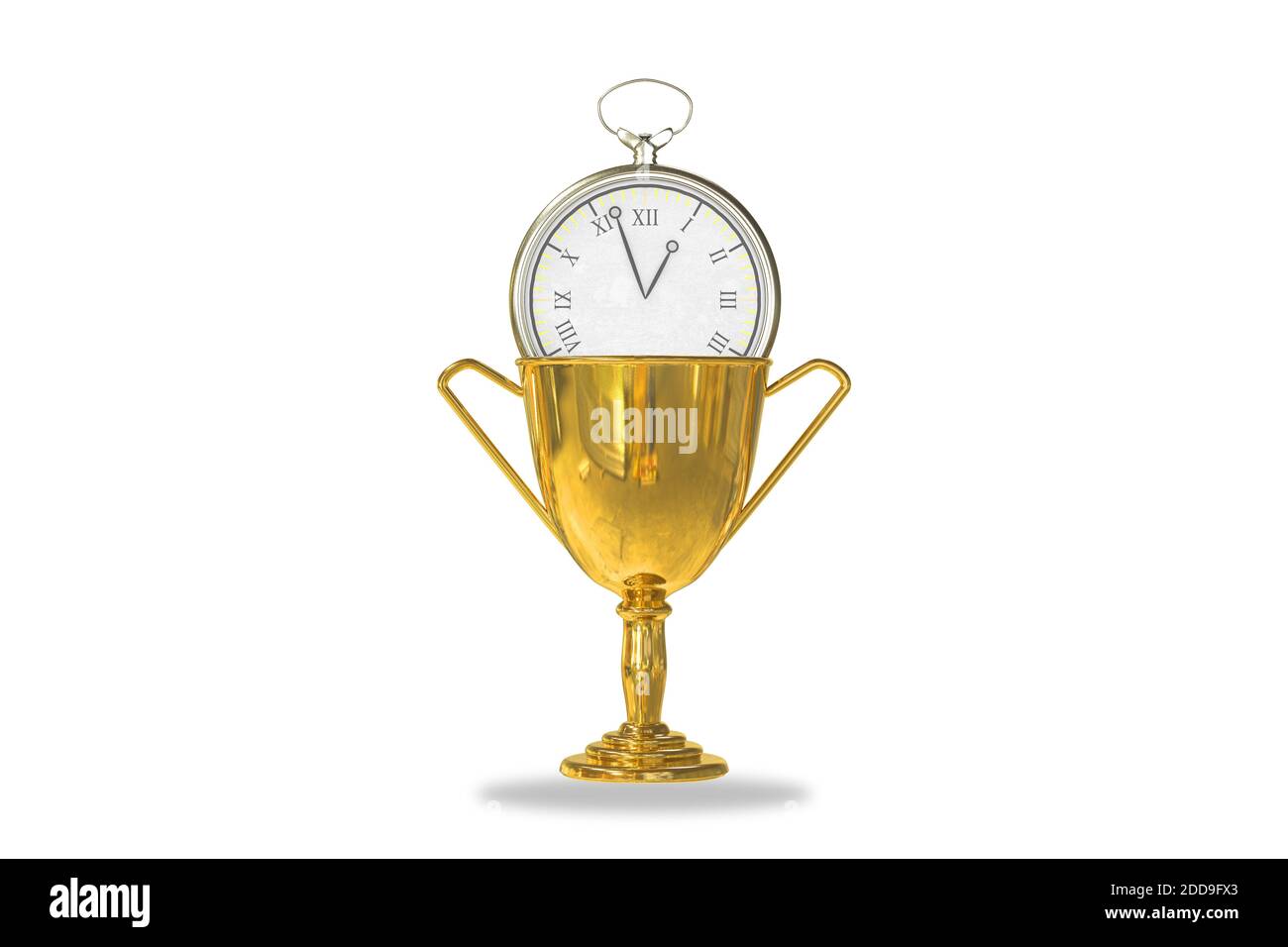 Golden trophy cup isolated on white background with a pocket watch ...