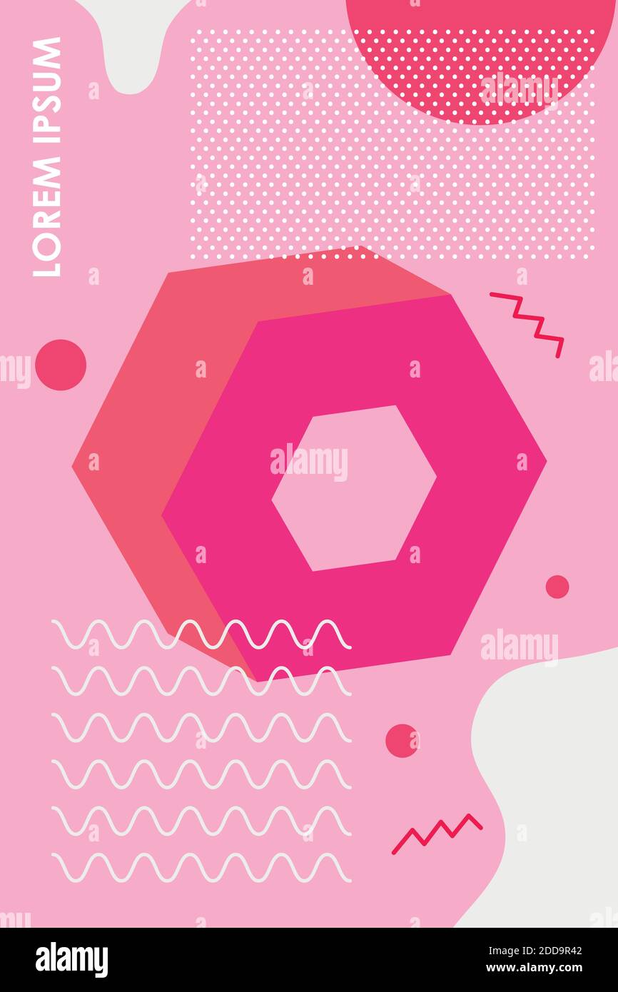 memphis pink design with hexagon and geometric shapes, vector ...