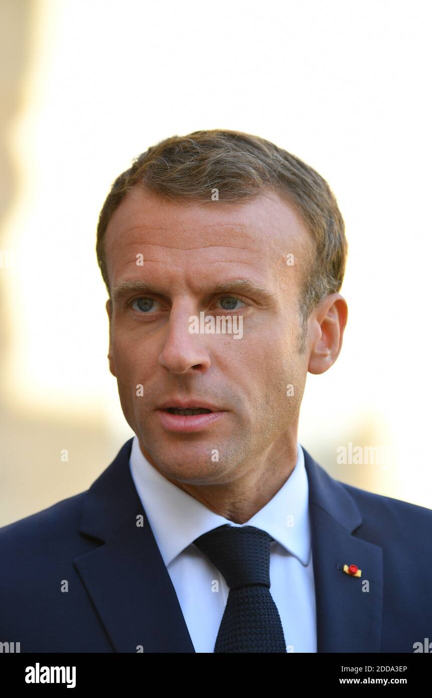 Portrait of the French President Emmanuel Macron after a statement ...