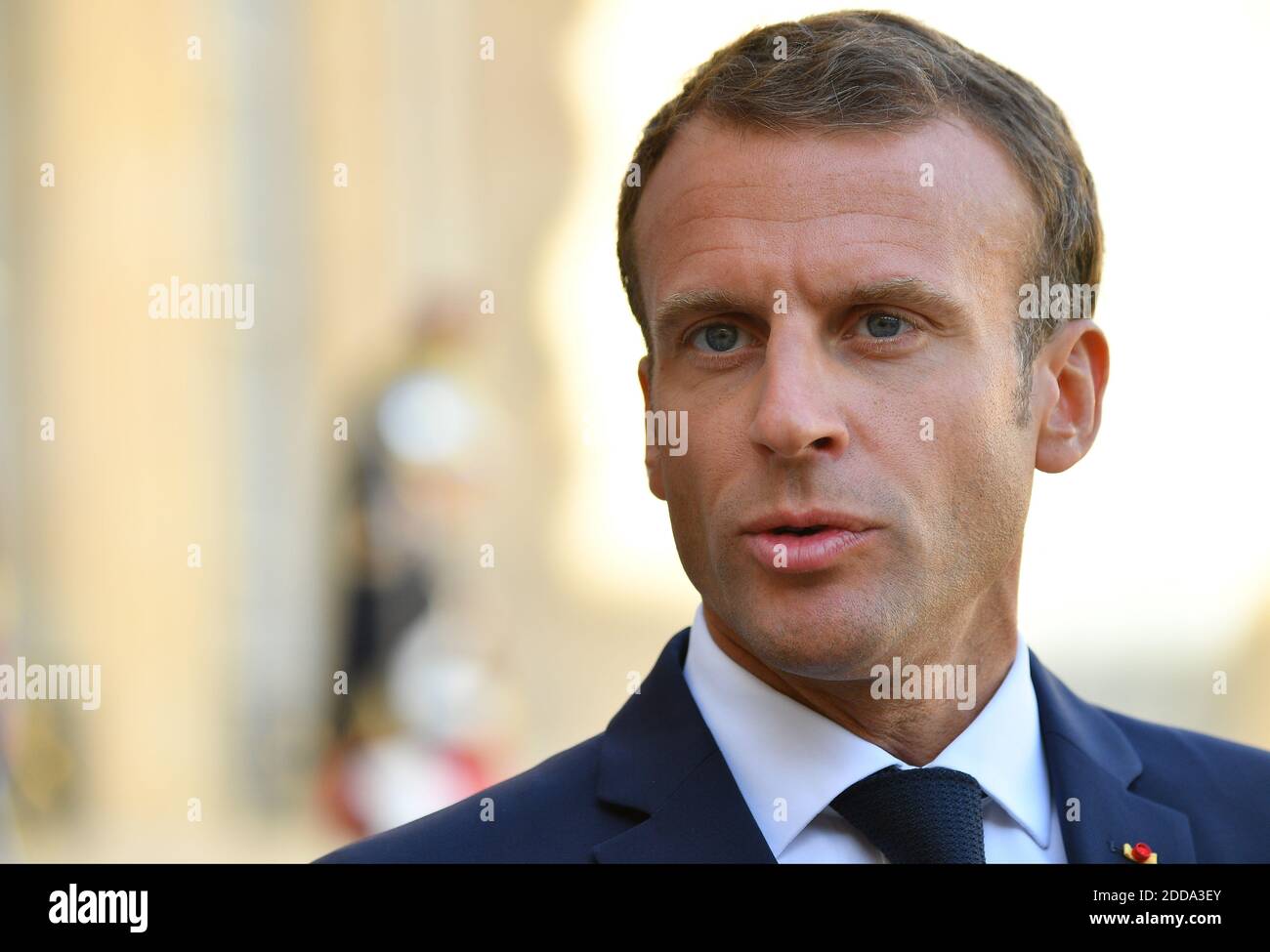 Portrait of the French President Emmanuel Macron after a statement ...