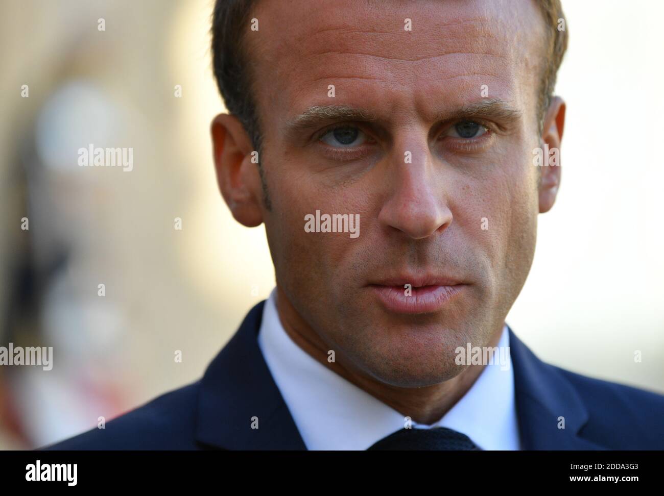 Portrait of the French President Emmanuel Macron after a statement ...