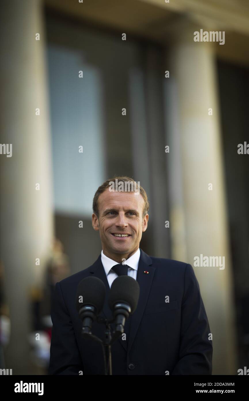 Portrait of the French President Emmanuel Macron after a statement ...