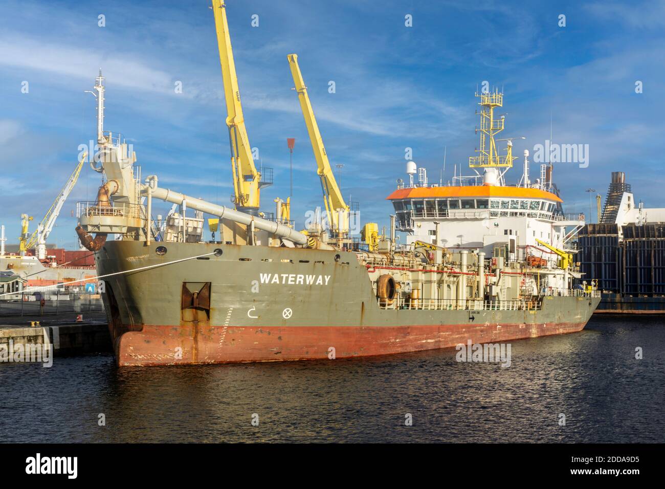 Dredger, the Waterway, a hopper dredger, tied up here in Dublin Port ...
