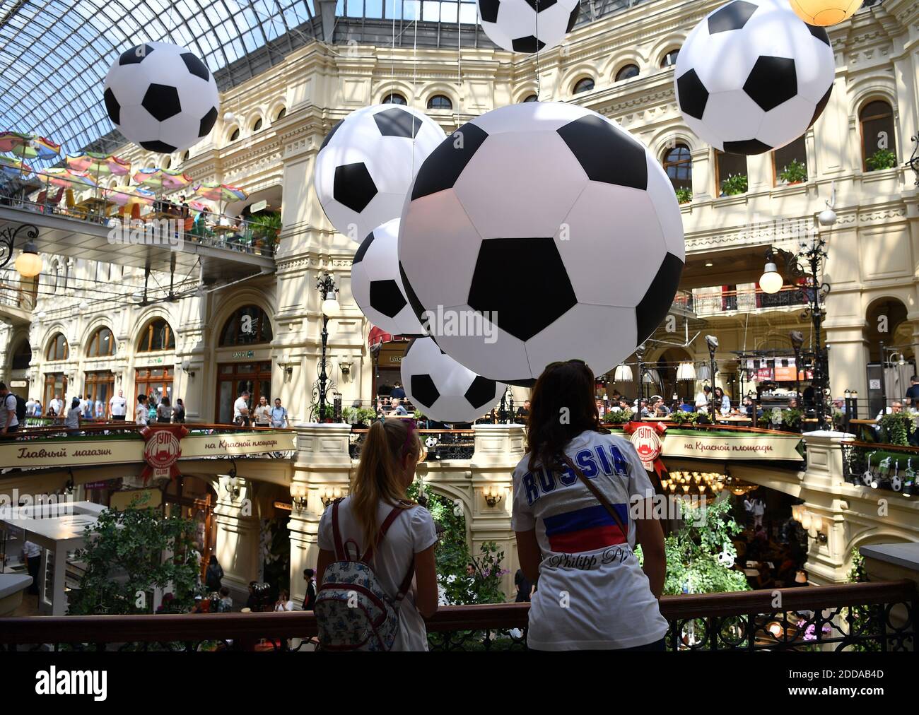The shopping centre GUM is decorated with large soccer balloons for the ...