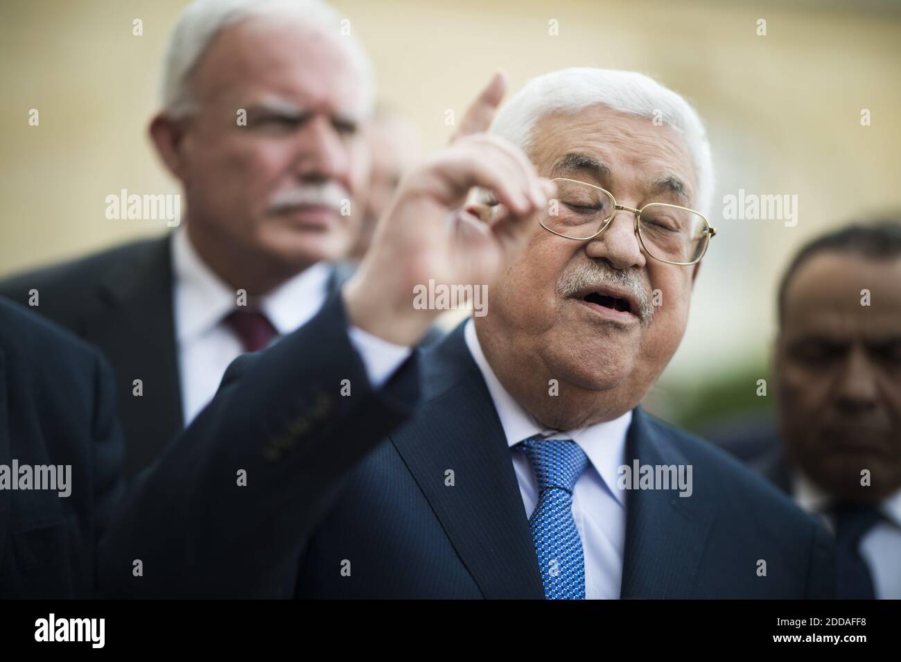 Portrait of Palestinian president Mahmoud Abbas gestures at Elysee ...