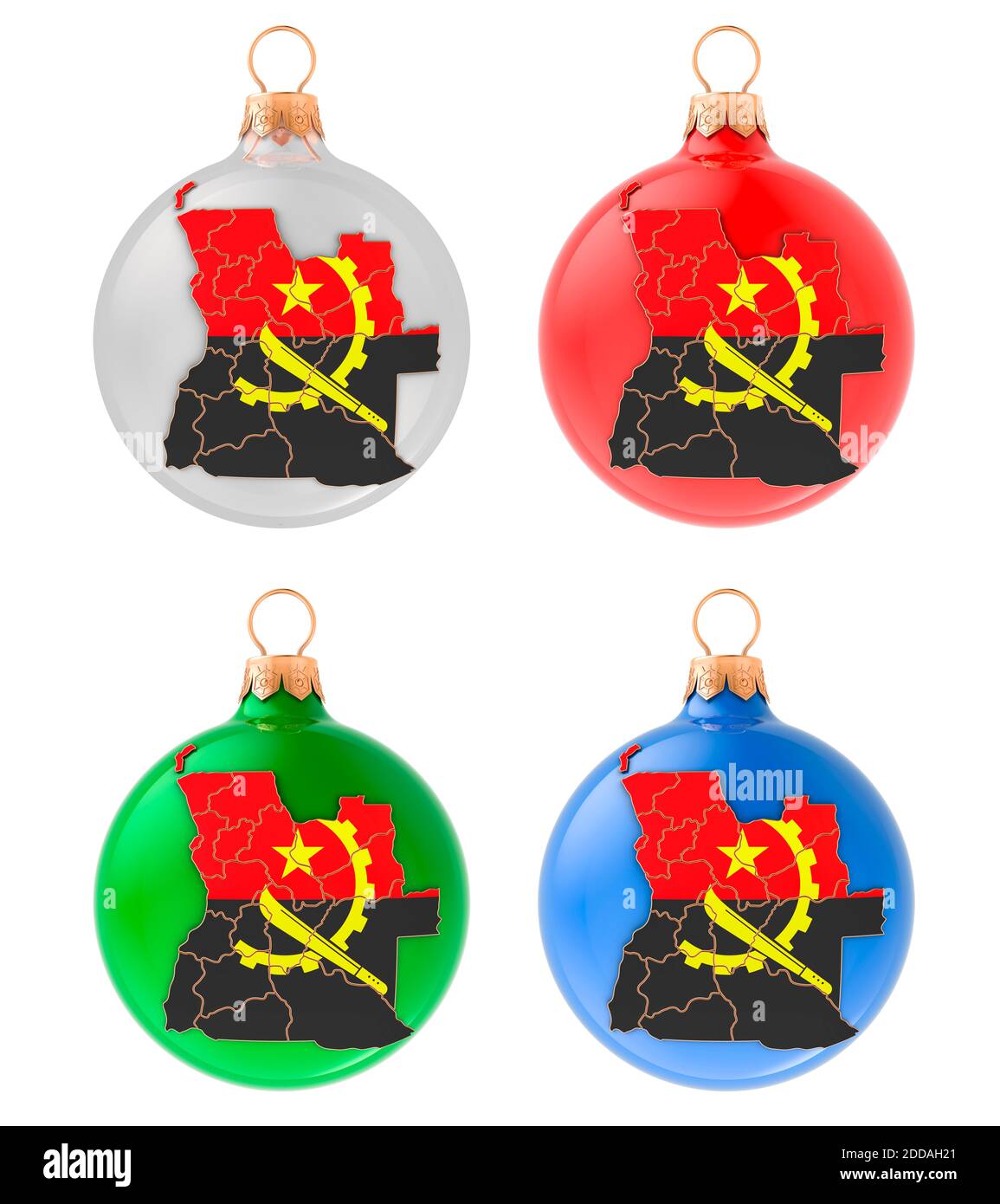 Christmas balls with Angolan map, 3D rendering isolated on white ...
