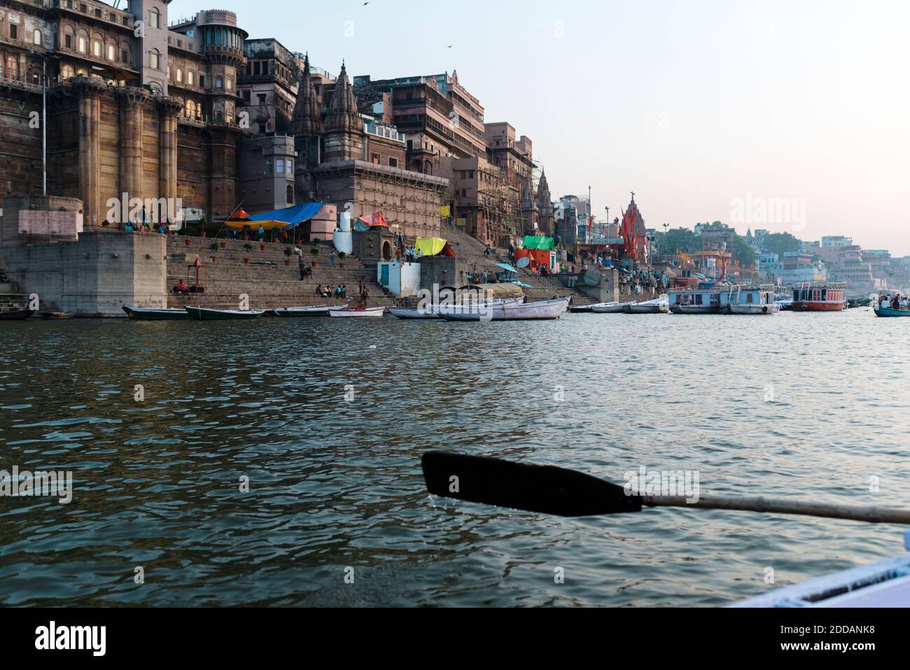 India, Uttar Pradesh, Varanasi, Waterfront of city on bank of river ...