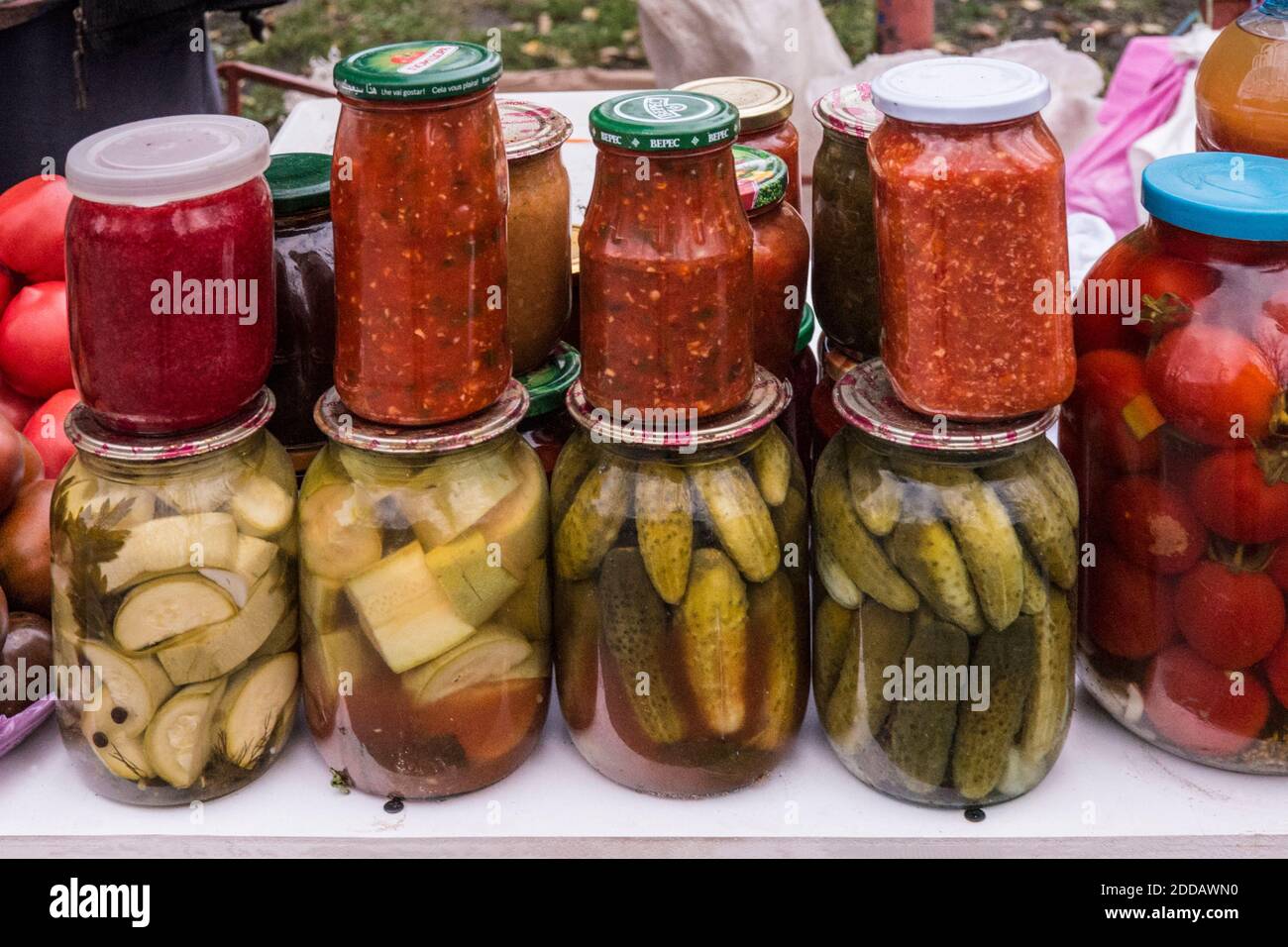 Canned pickles and chilimes in a small market in Kiev Ukraine Stock ...